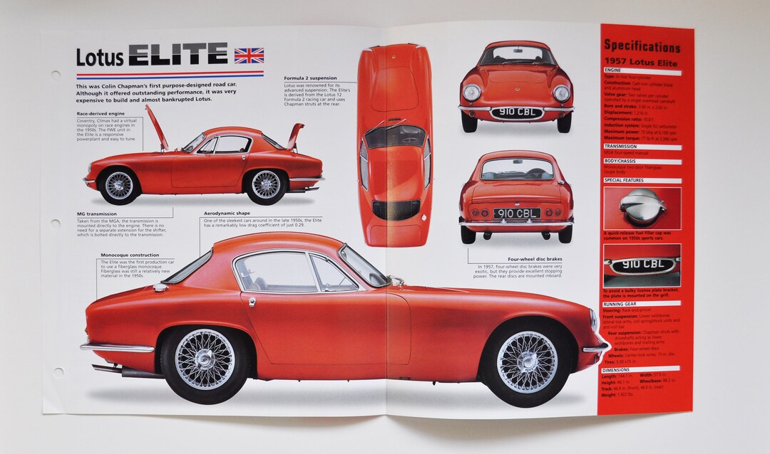 Spec Sheet Lotus Elite (1957-1963) (car Photo Stat Info Specs Brochure ...