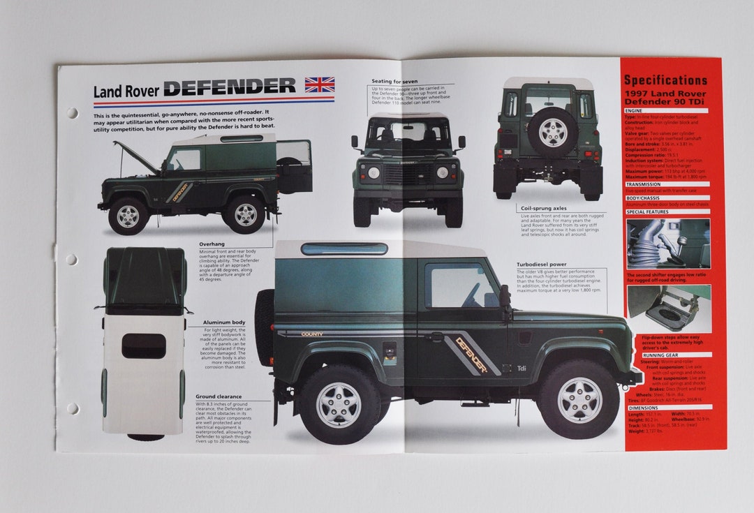 Spec Sheet Land Rover Defender 1990-PRESENT car Photo Stat Info Specs ...