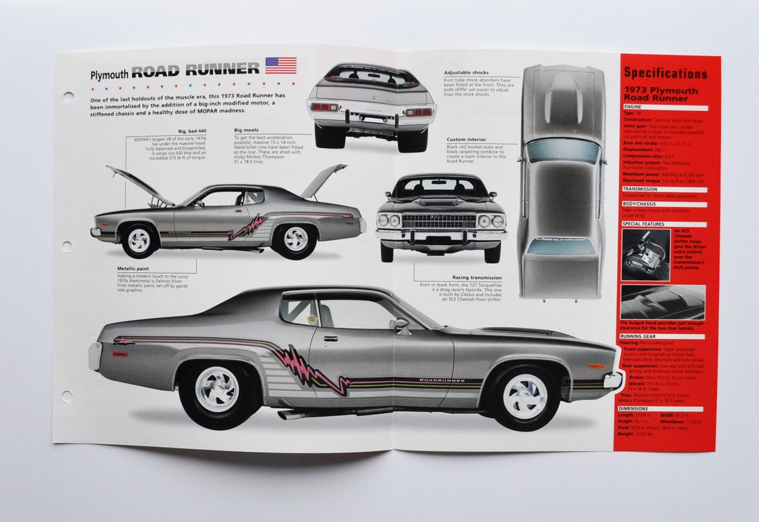 Spec Sheet Plymouth Road Runner (1973) (car Photo, Stat Info Specs Brochure Parts Ad Old Retro ...
