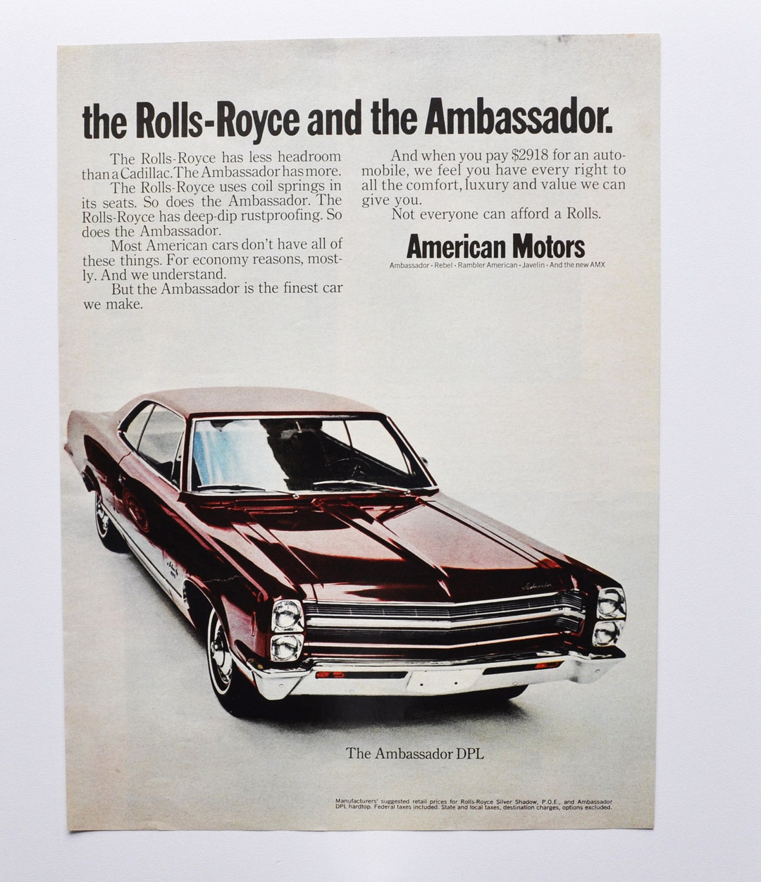 Large Car Ad 1968 American Motors Ambassador DPL (classic Old Photo ...