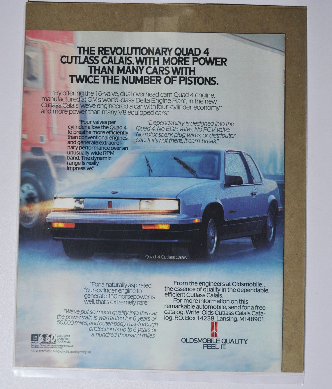 Large Car Ad Oldsmobile Quad 4 Cutlass Calais (GM General Motors ...