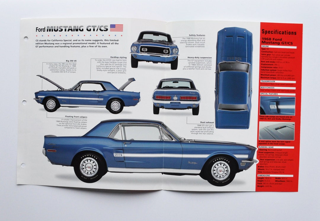 Spec Sheet Ford Mustang GT/CS (1968) (car Photo Stat Motor Info Specs ...