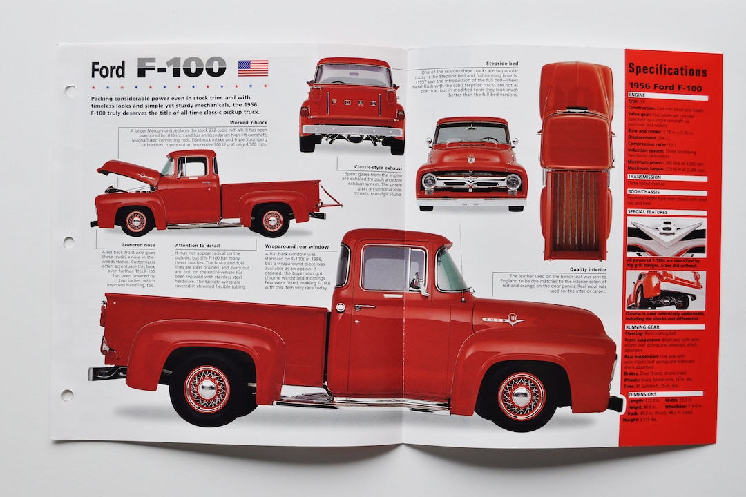 Spec Sheet Ford F-100 (1956) (car Photo Stat Motor Info Specs Brochure ...