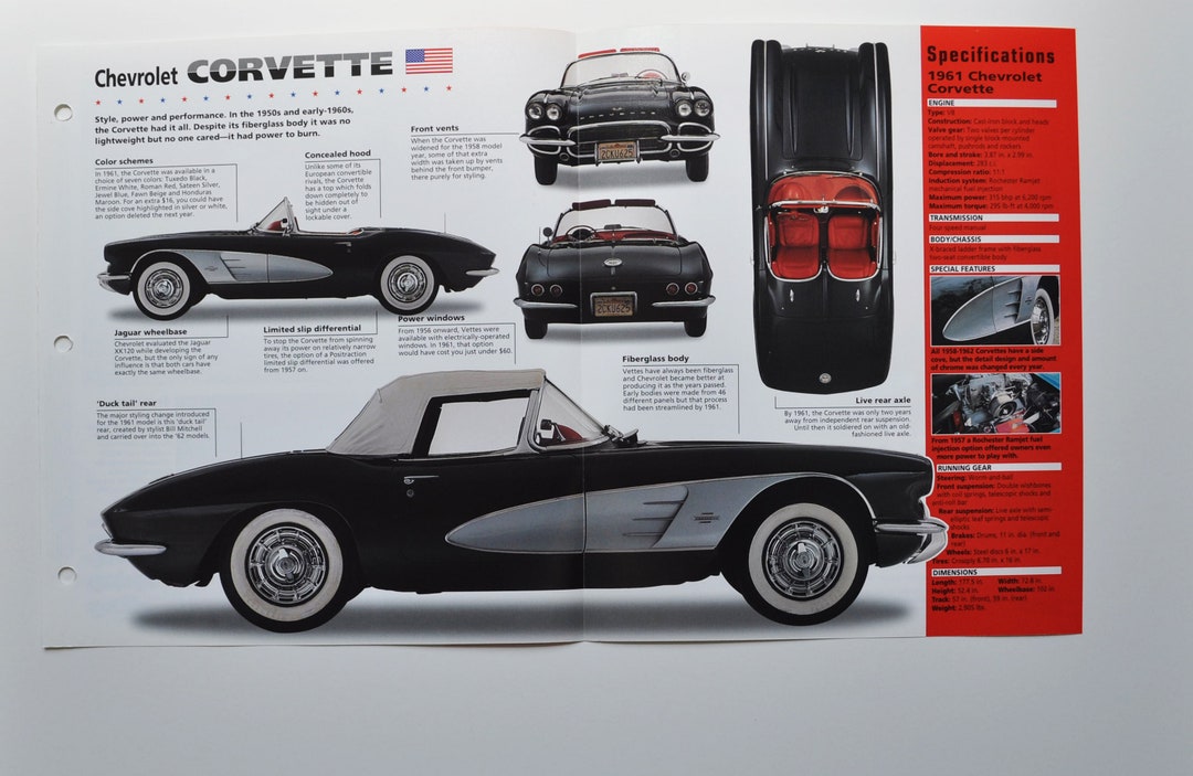 Spec Sheet Chevrolet Corvette (1956-1962) (car Photo Stat Info Specs ...