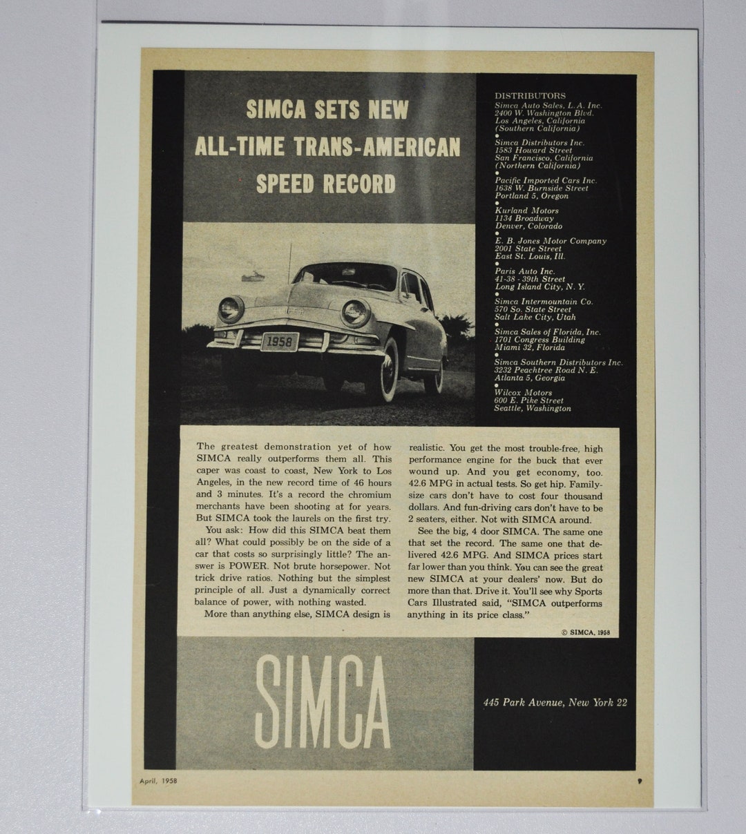 Car Ad 1958 Simca (motor Company Classic Old Photo Advertisement Parts ...