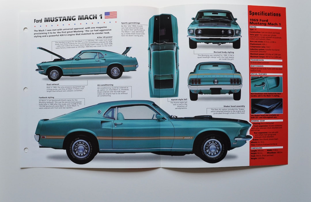 Spec Sheet Ford Mustang Mach 1 1969-1970 car Photo Stat Info Specs ...