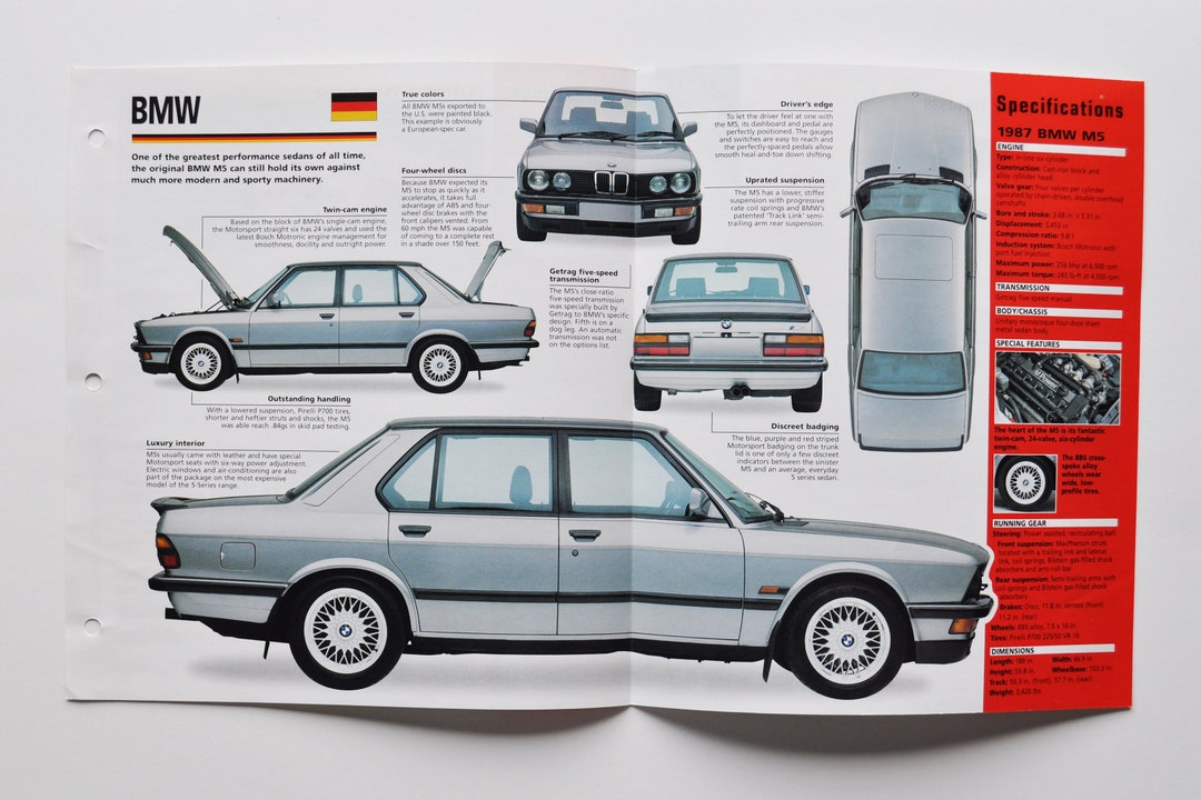Spec Sheet BMW M5 1984-1988 car Photo Stat Info Specs Brochure Print ...