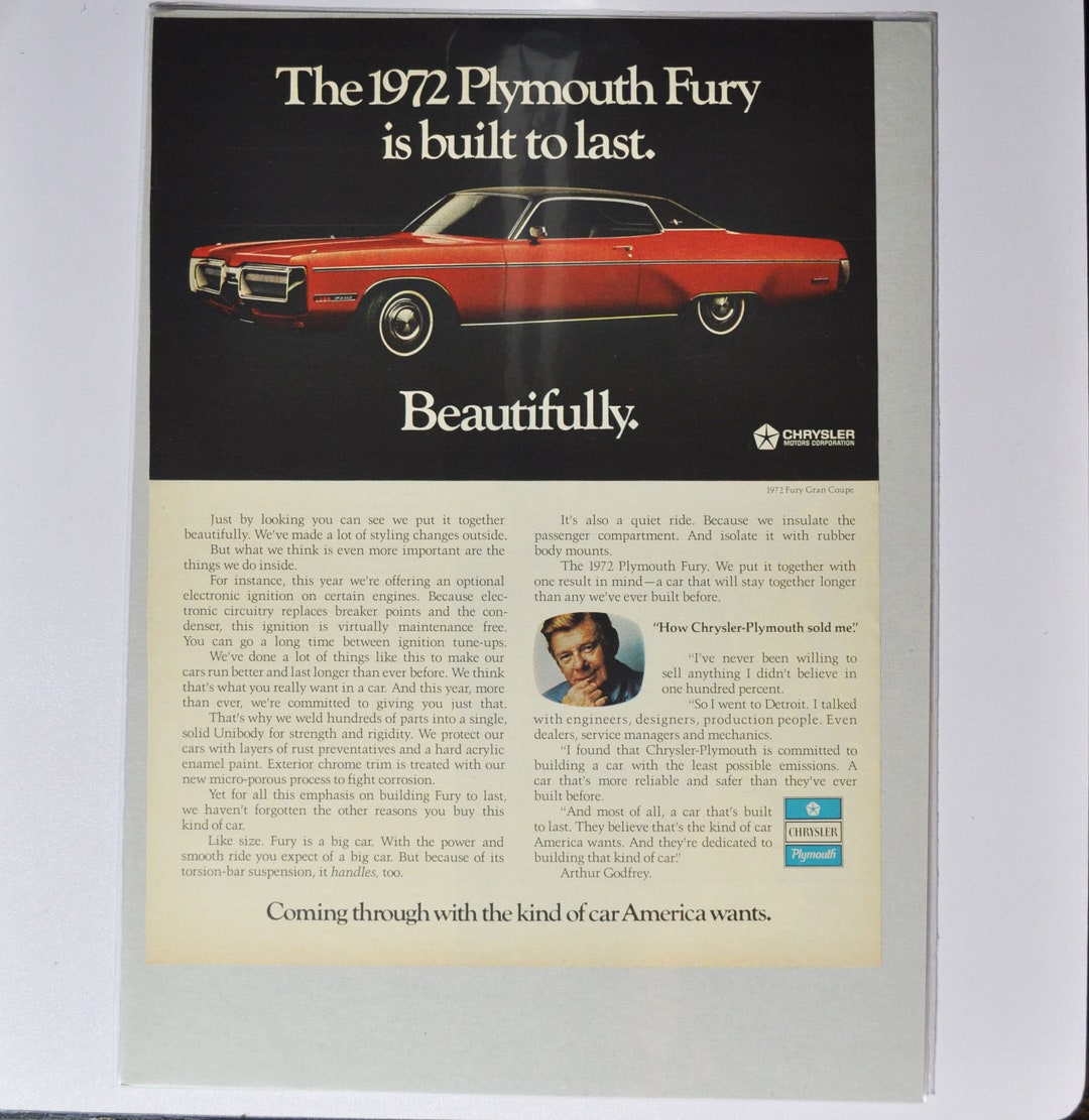 Large Car Ad 1972 Plymouth Fury Gran Coupe (motor Company Chrysler Old ...