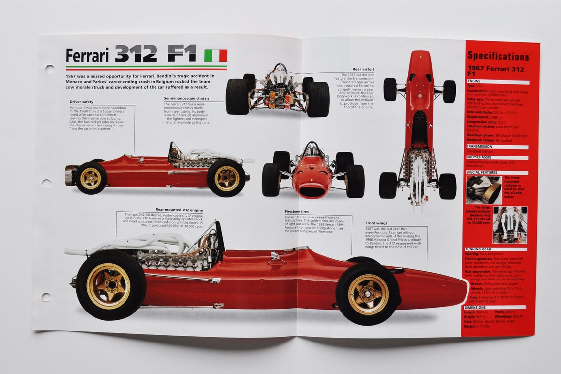 Spec Sheet Ferrari 312 F1 1966-1969 car Photo Stat Info - Etsy
