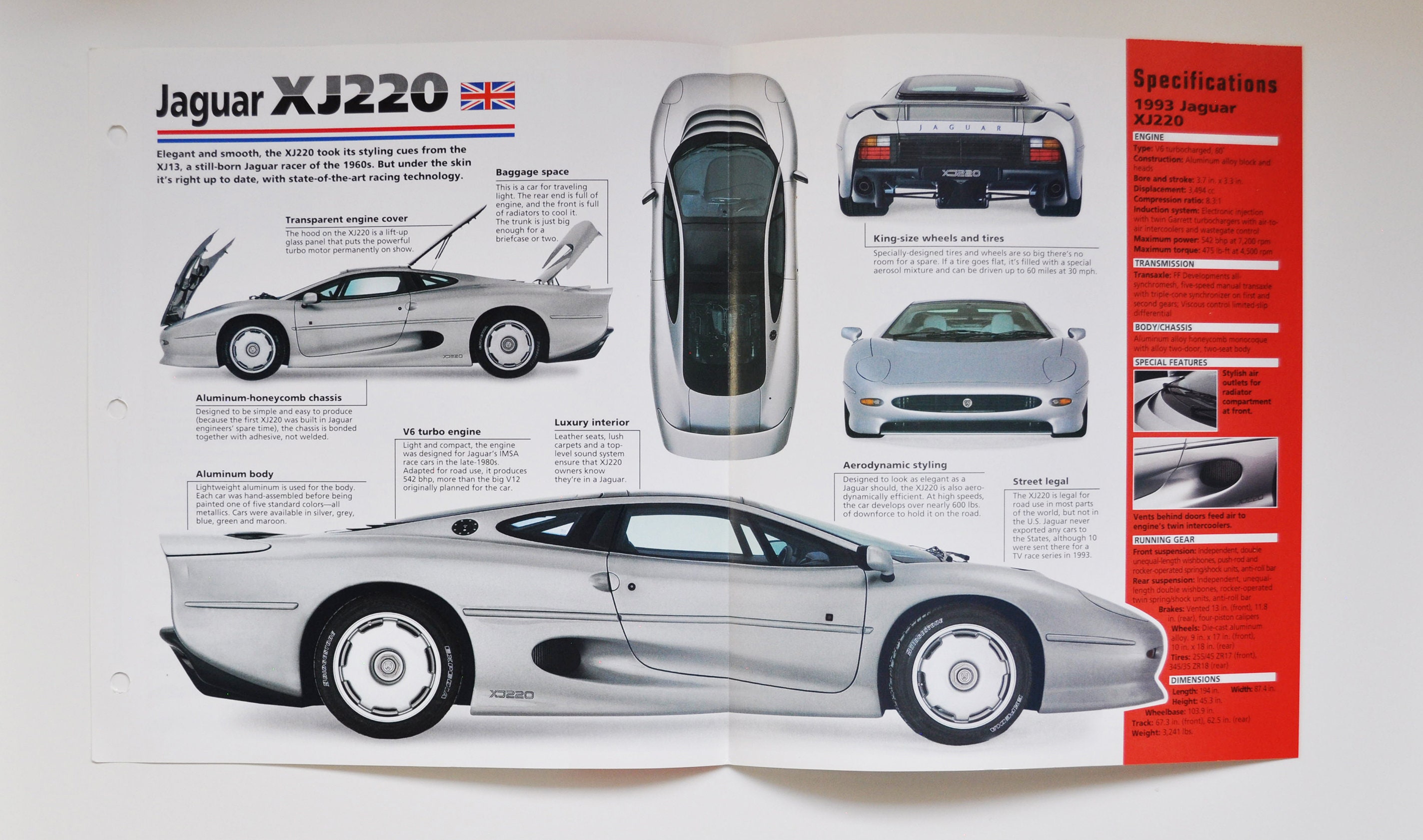 Spec Sheet Jaguar XJ220 1992-1994 car Photo Stat Info Specs Brochure Parts Ad Old Vintage Print ...