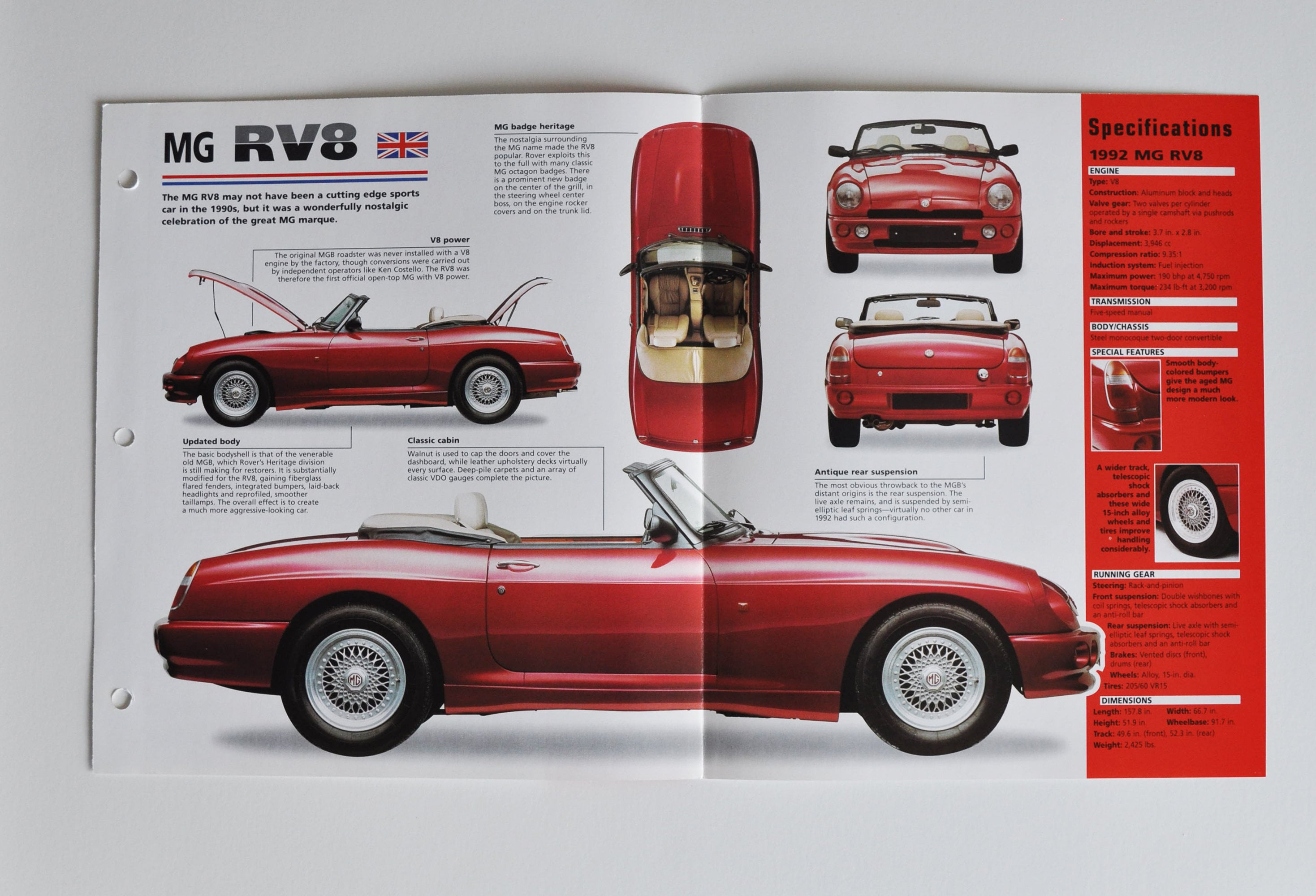 Spec Sheet MG RV8 (1992-1996) (car Photo Stat Info Specs Brochure Parts ...