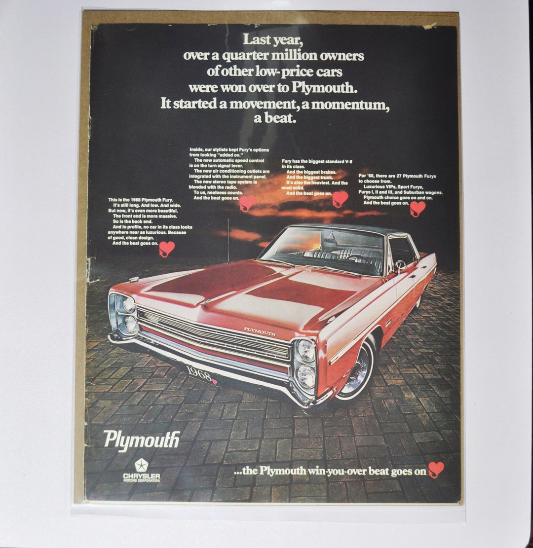Large Car Ad 1968 Plymouth Fury (motor Company Chrysler Old Classic ...