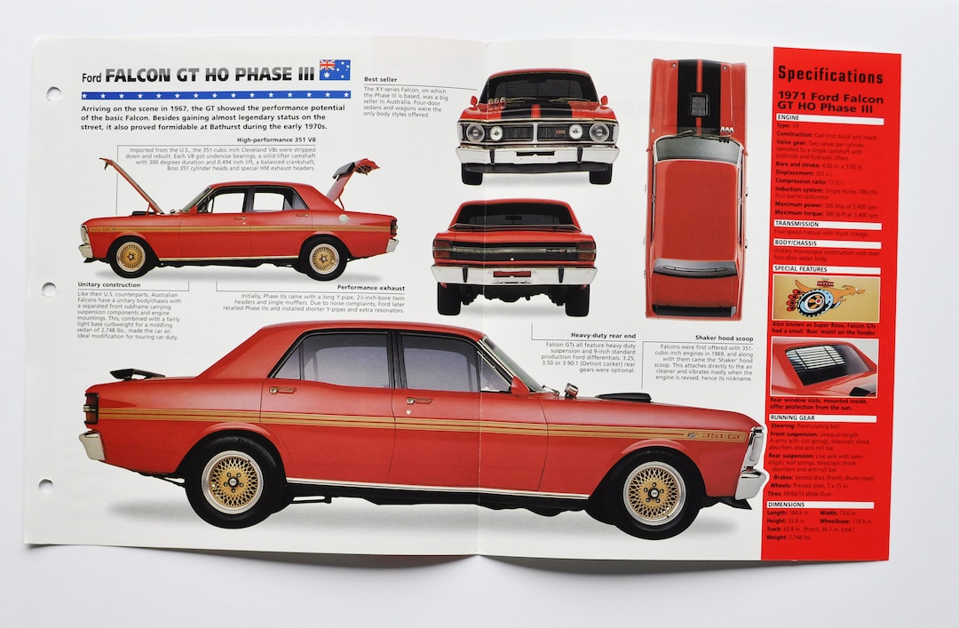Spec Sheet Ford Falcon GT HO Phase III 3 (1971-1972) (car Photo Stat ...