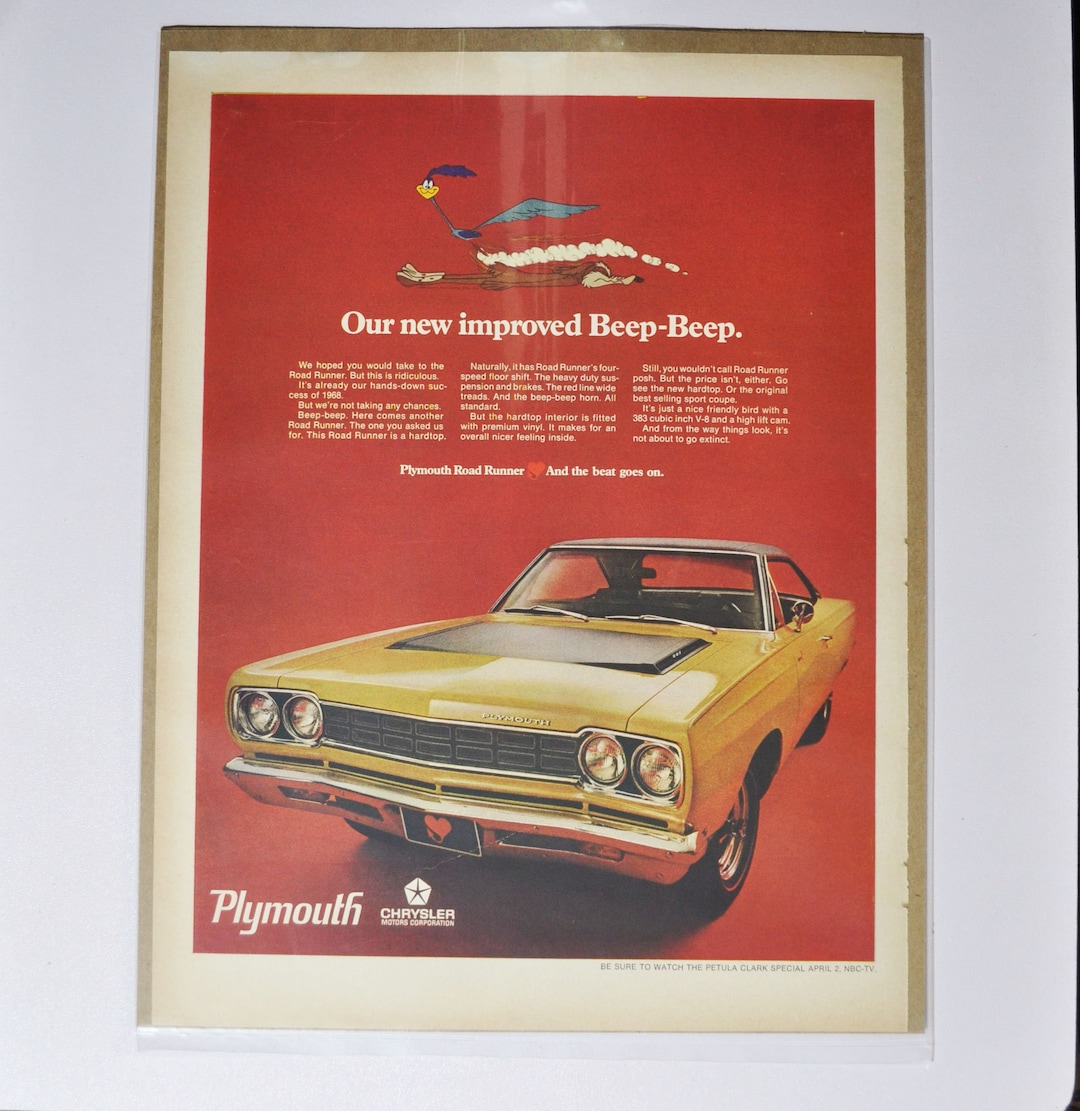 Large Car Ad 1968 Plymouth Road Runner (motor Company Chrysler Old ...