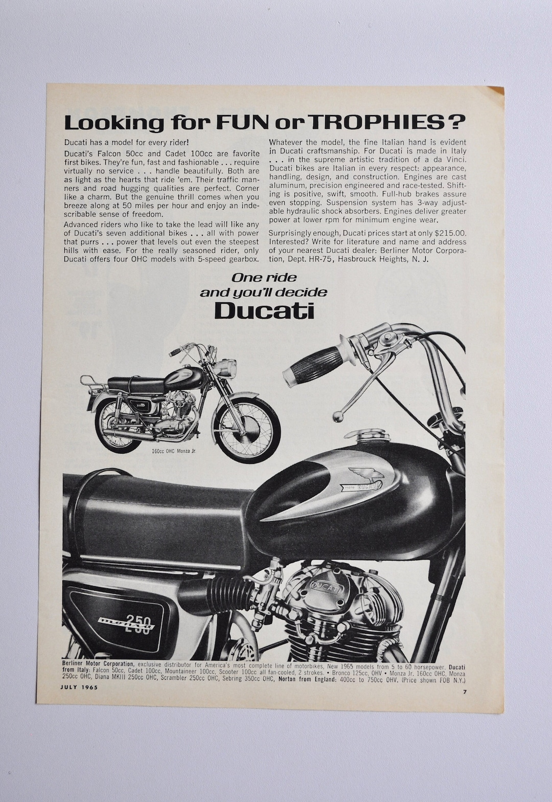 Motorcycle Ad 1965 Ducati 160cc OHC Monza Jr and 250 (motorbike Company ...