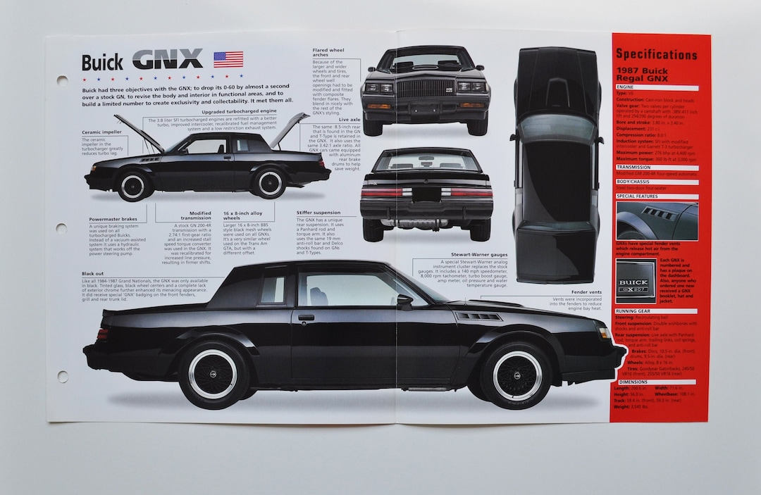 Spec Sheet Buick GNX 1987 car, Photo, Stat, Info, Specs, Brochure, Ad ...