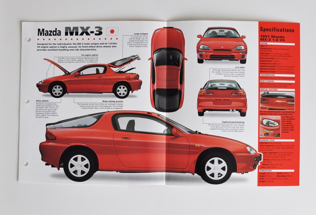 Spec Sheet Mazda MX-3 1991-1998 motor Car Photo Stat Info Specs ...