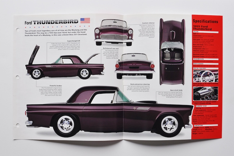 Spec Sheet Ford Thunderbird (1955) (car Photo Stat Motor Info Specs ...