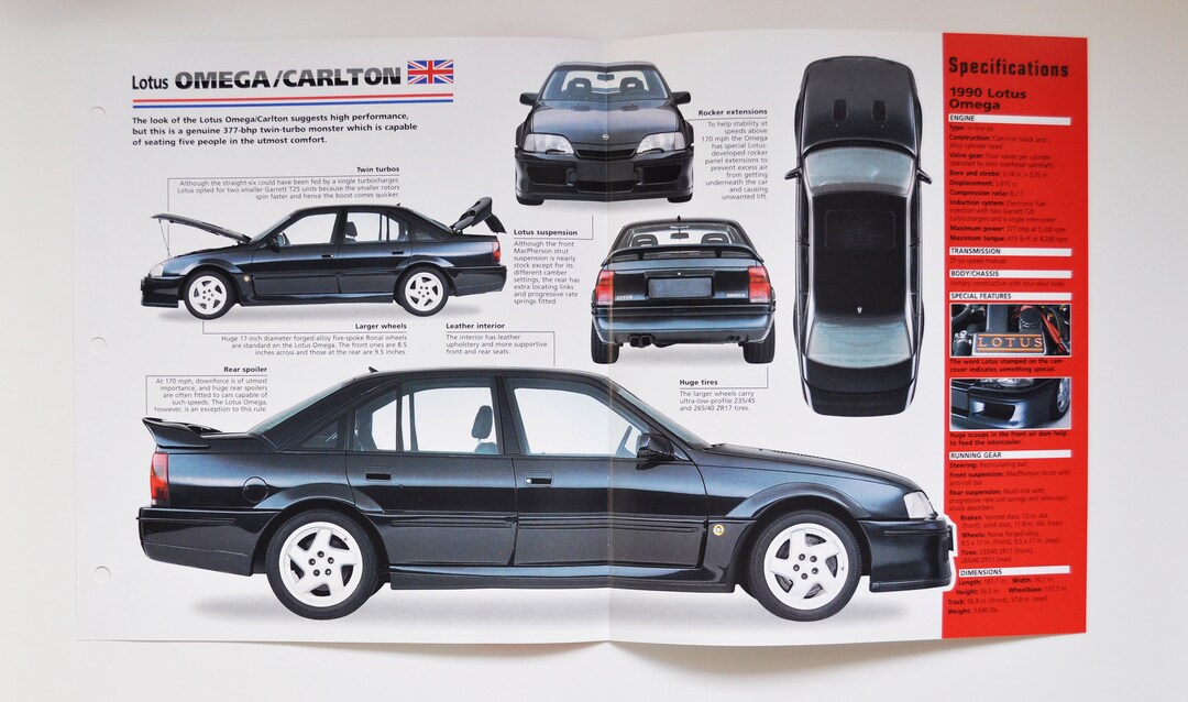 Spec Sheet Lotus Omega / Carlton 1990-1992 car Photo Stat Info Specs ...