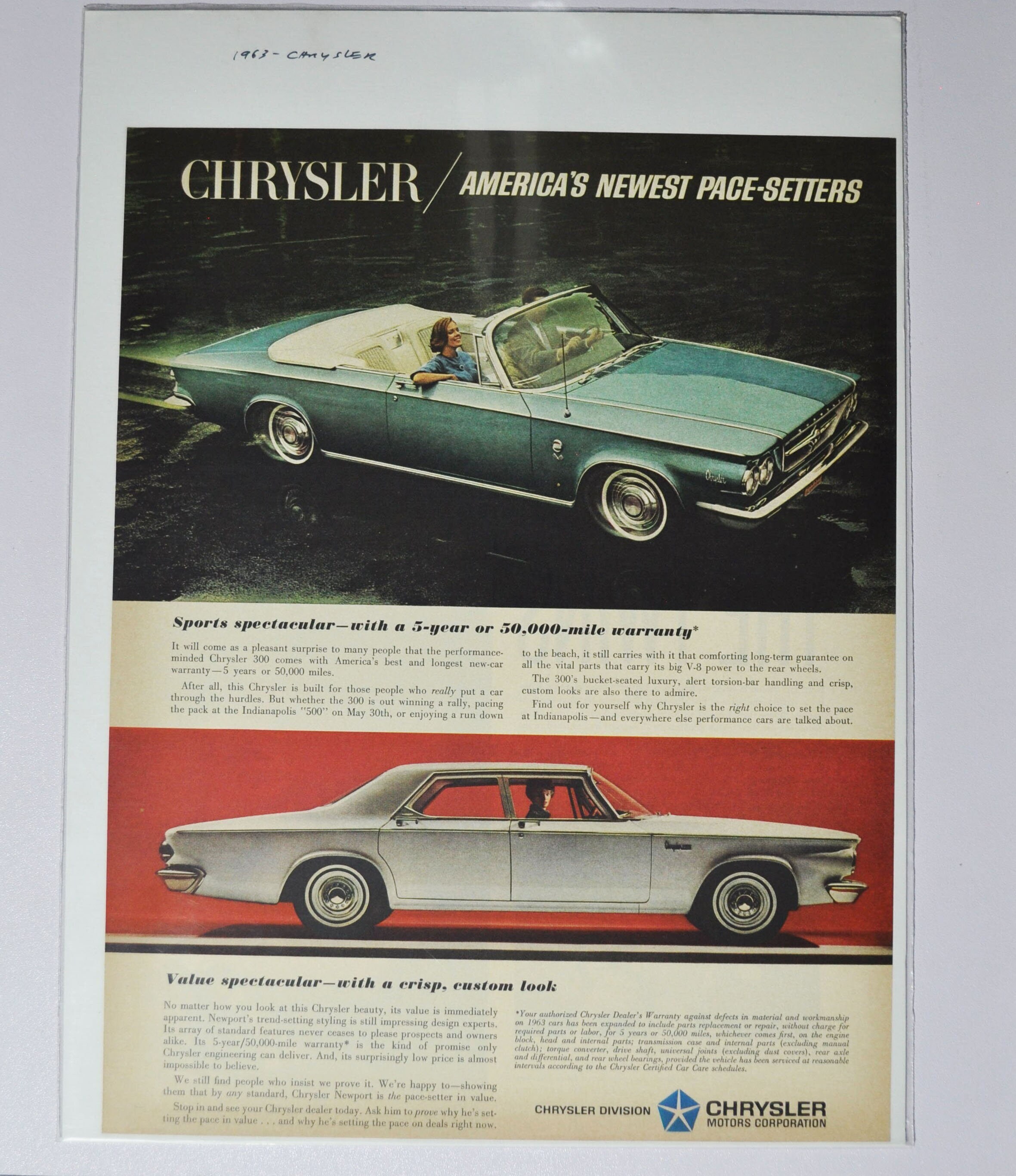 Large Car Ad 1963 Chrysler 300 & Newport motor Company - Etsy