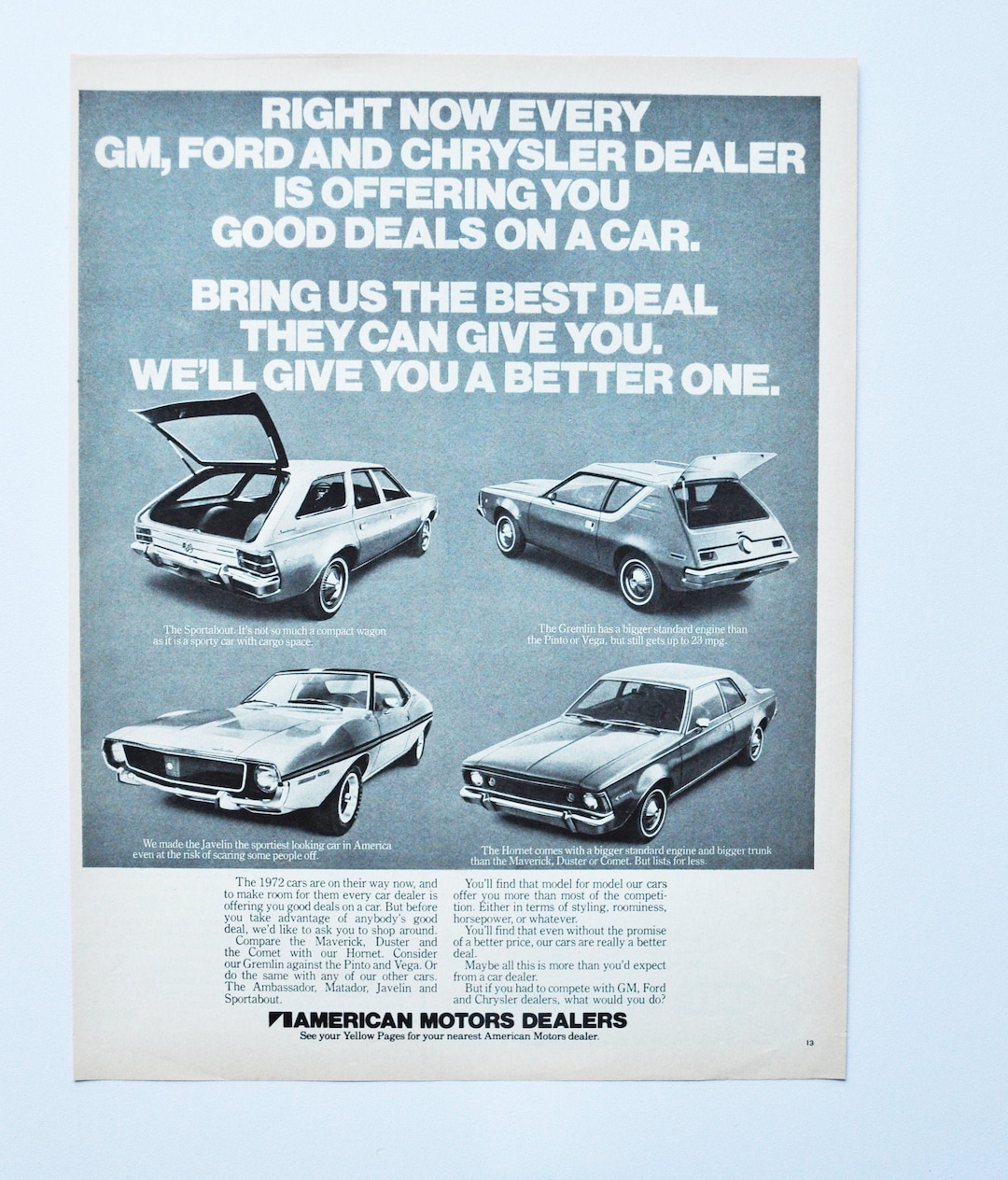 Large Car Ad 1972 AMC (american Motors Dealers Company Classic Old ...