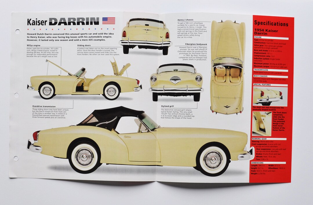 Spec Sheet Kaiser Darrin 1954 car Photo Stat Info Specs Brochure Print ...