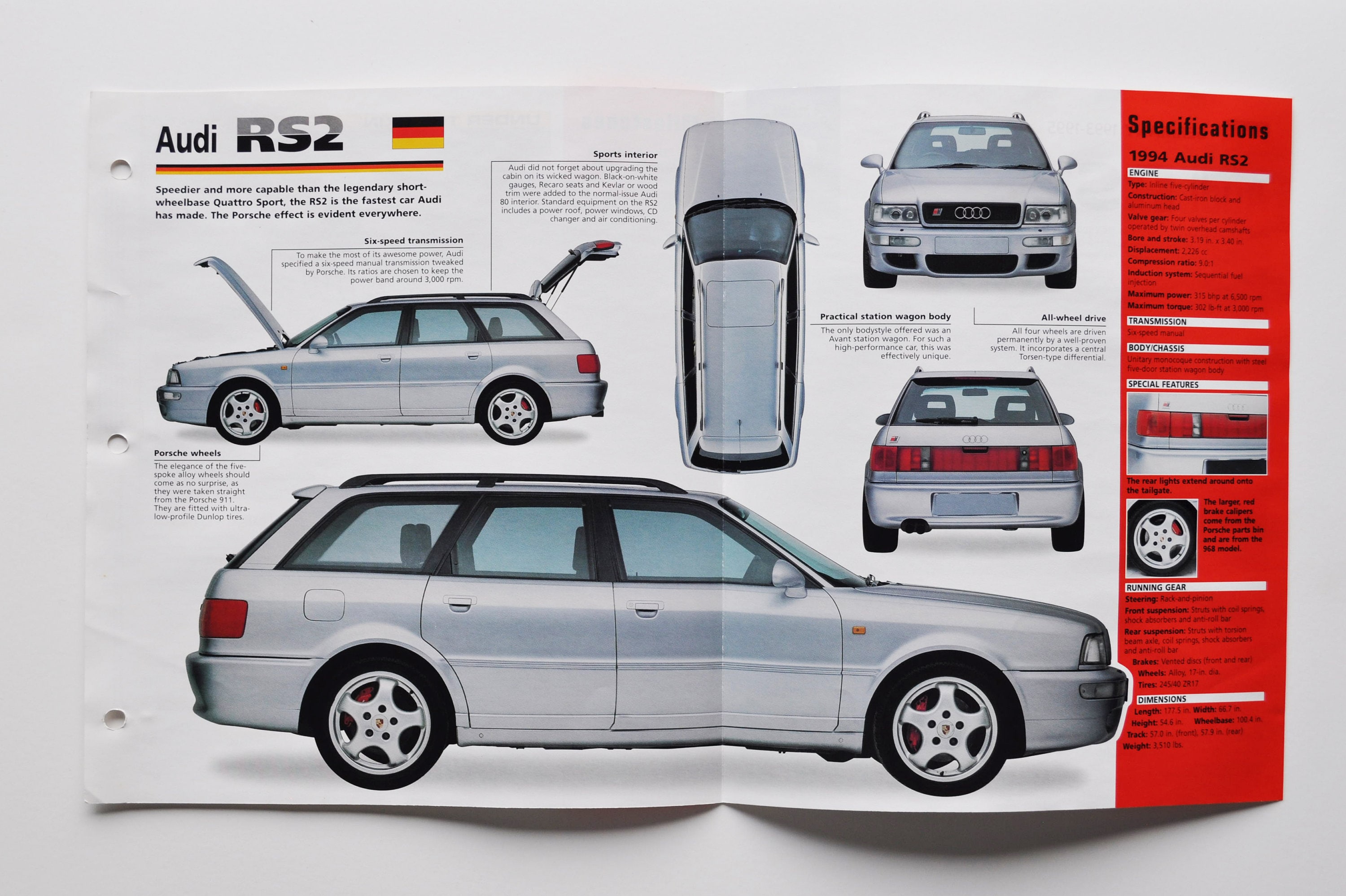 Spec Sheet Audi RS2 1993-1995 car Photo Stat Info Specs Brochure Print ...