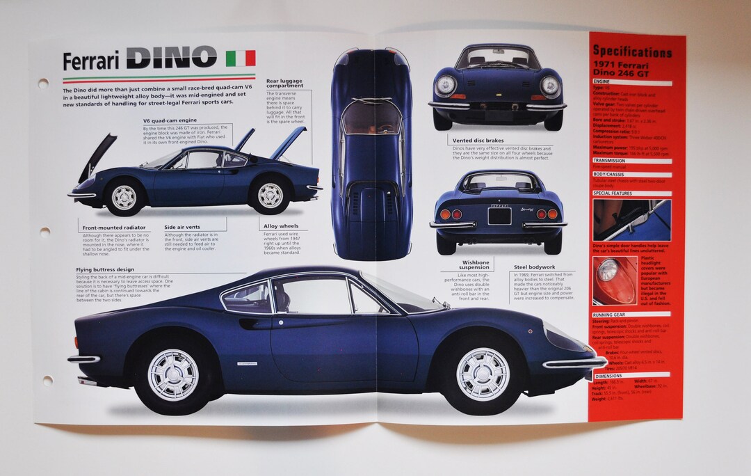 Spec Sheet Ferrari Dino (1967-1974) (car Photo Stat Info Specs Brochure ...