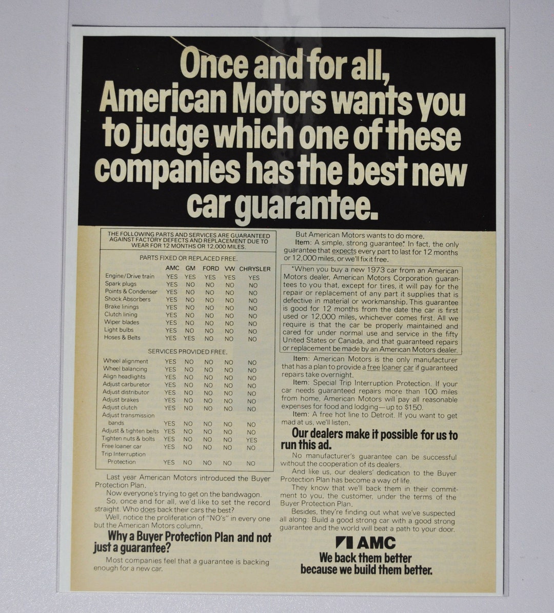 Car Ad 1973 AMC Best New Car Guarantee (american Motors Company Classic ...