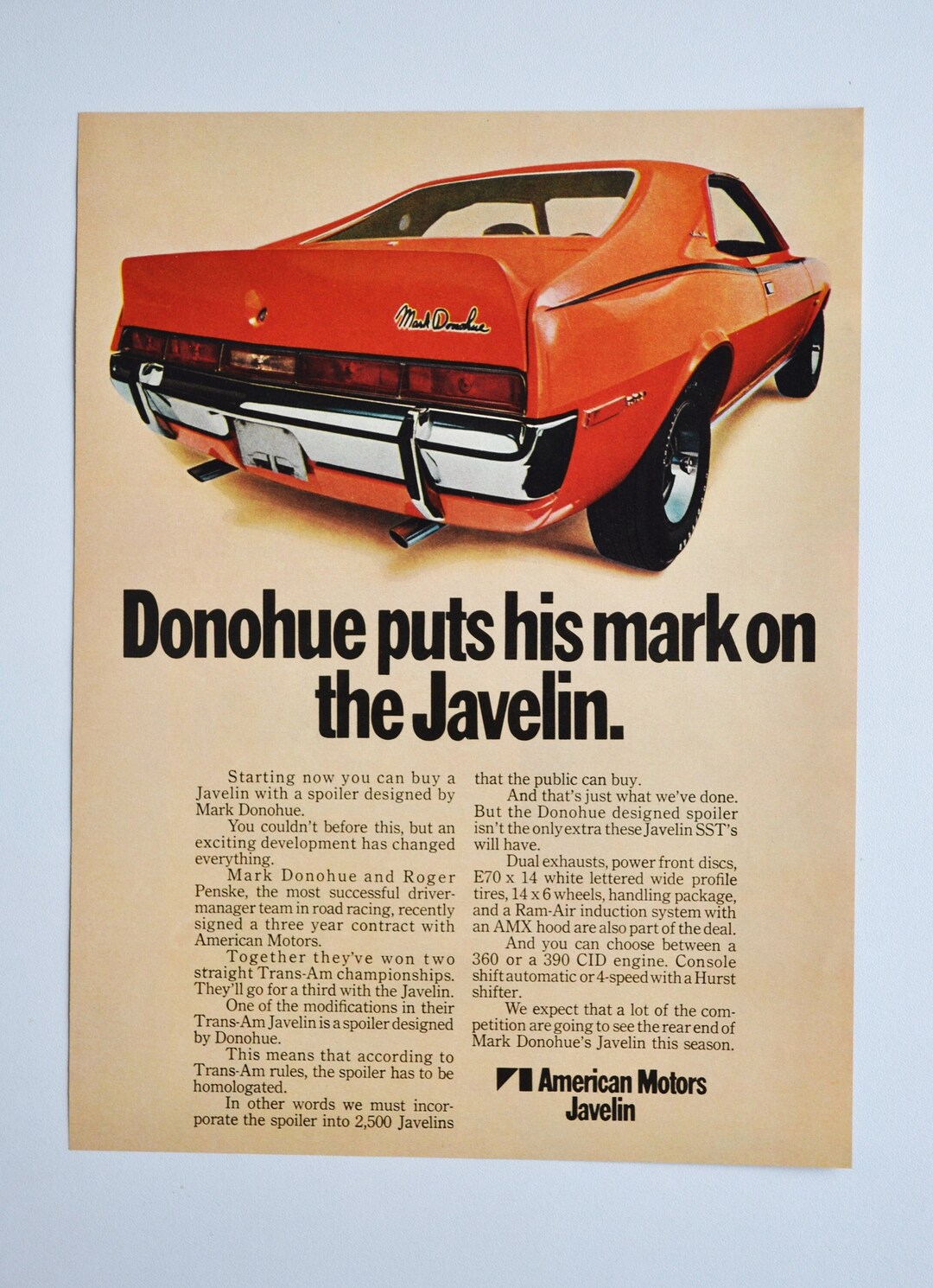 Car Ad 1980's AMC Javelin Mark Donohue Spoiler (motor Company Old ...