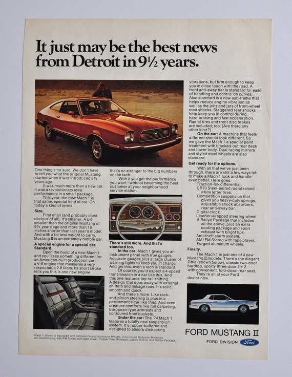 Car Ad 1973 Ford Mustang II 2 Mach 1 motor Company Classic | Etsy