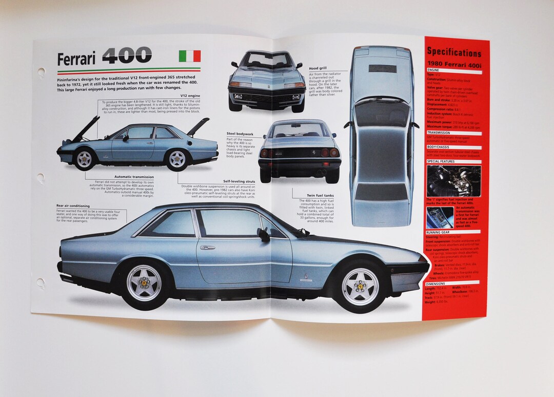 Spec Sheet Ferrari 400 1976-1984 car Photo Stat Info Specs Brochure ...