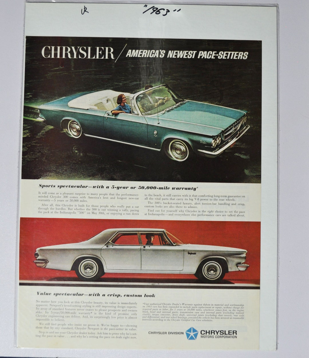 Large Car Ad 1963 Chrysler 300 & Newport (motor Company Classic Old ...