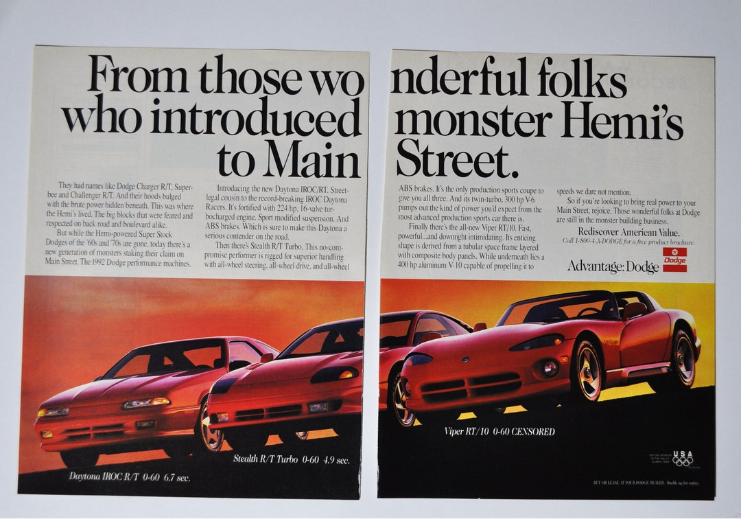 2-page Car Ad 1992 Daytona IROC R/T / Stealth R/T Turbo / Viper RT/10 ...