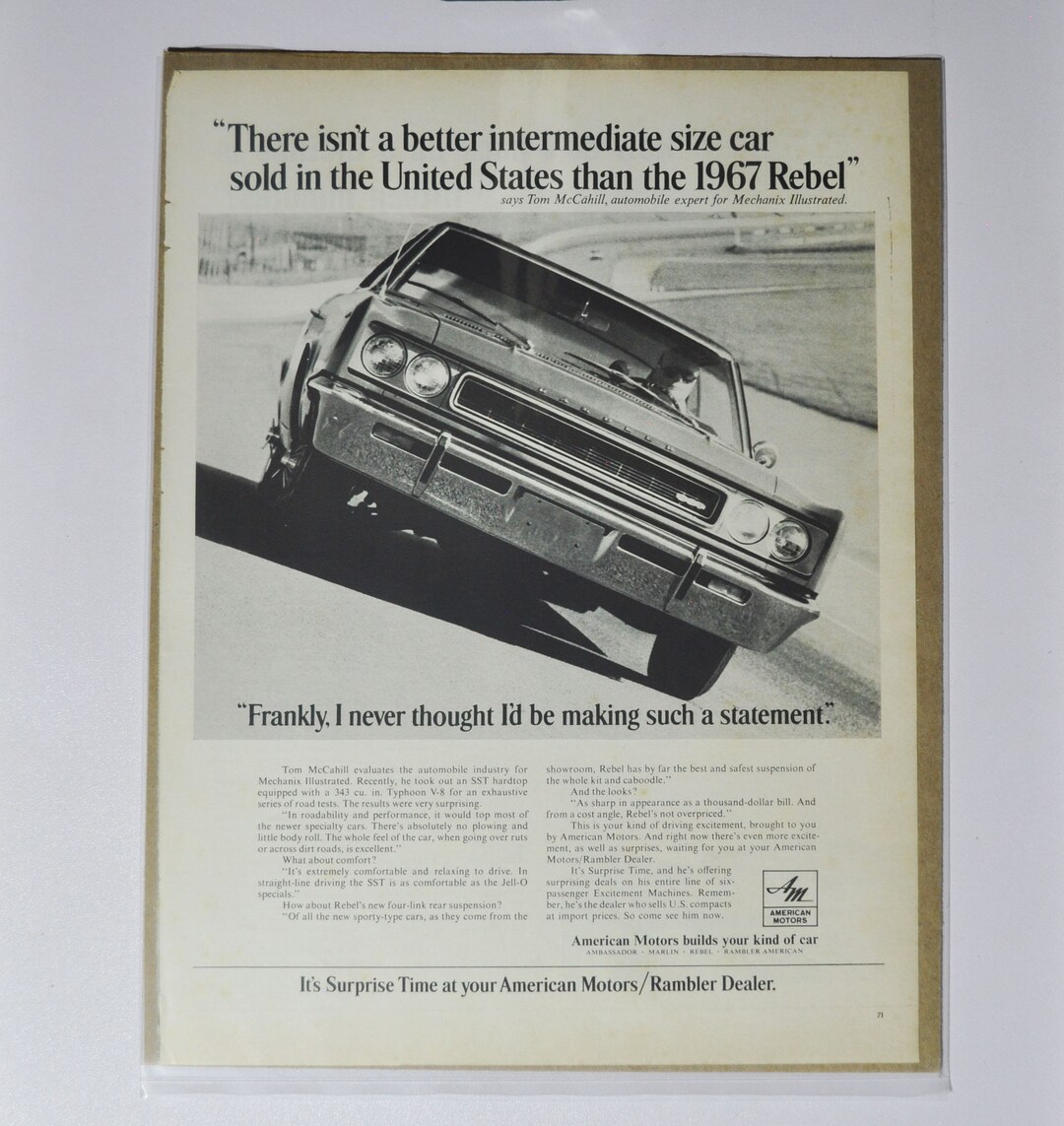 Large Car Ad 1967 AMC Rebel (american Motors Company Classic Old Photo ...