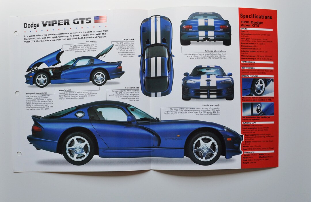 Spec Sheet Dodge Viper GTS (1998) (car, Photo, Stat Info Specs Brochure ...