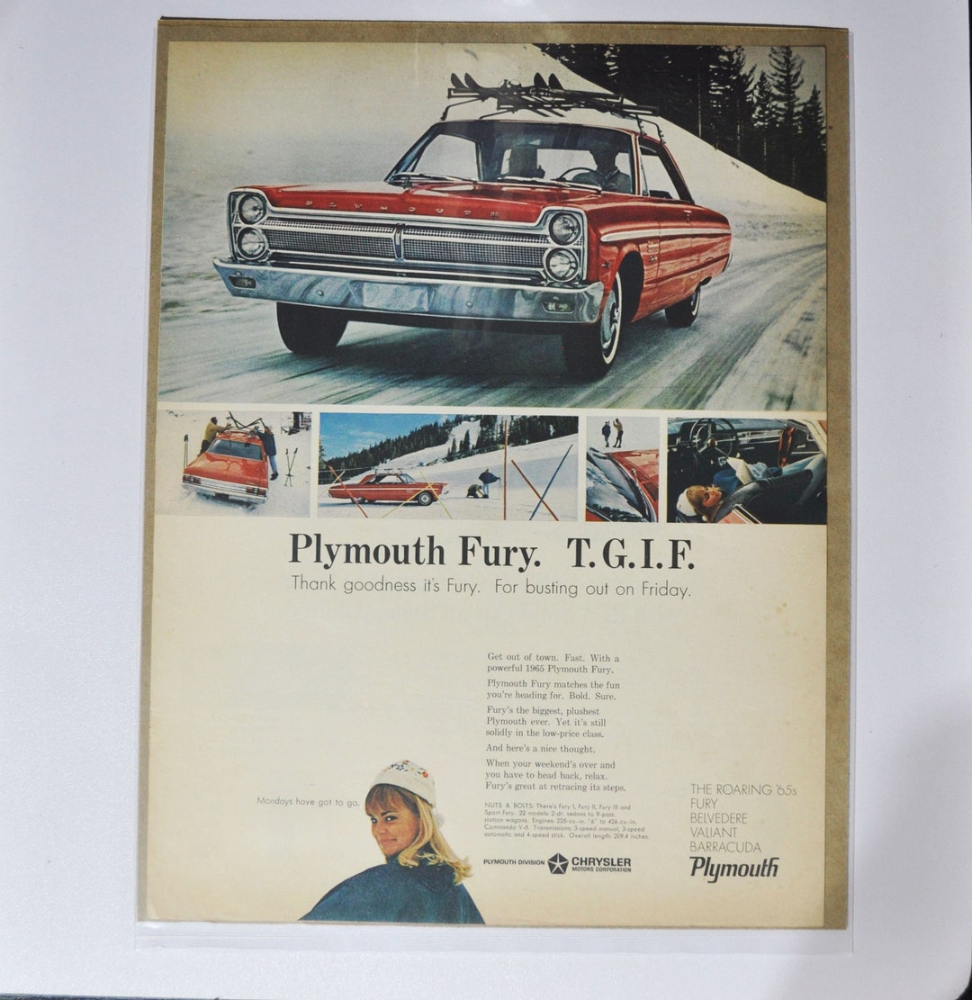 Large Car Ad 1965 Plymouth Fury (motor Company Chrysler Old Classic ...