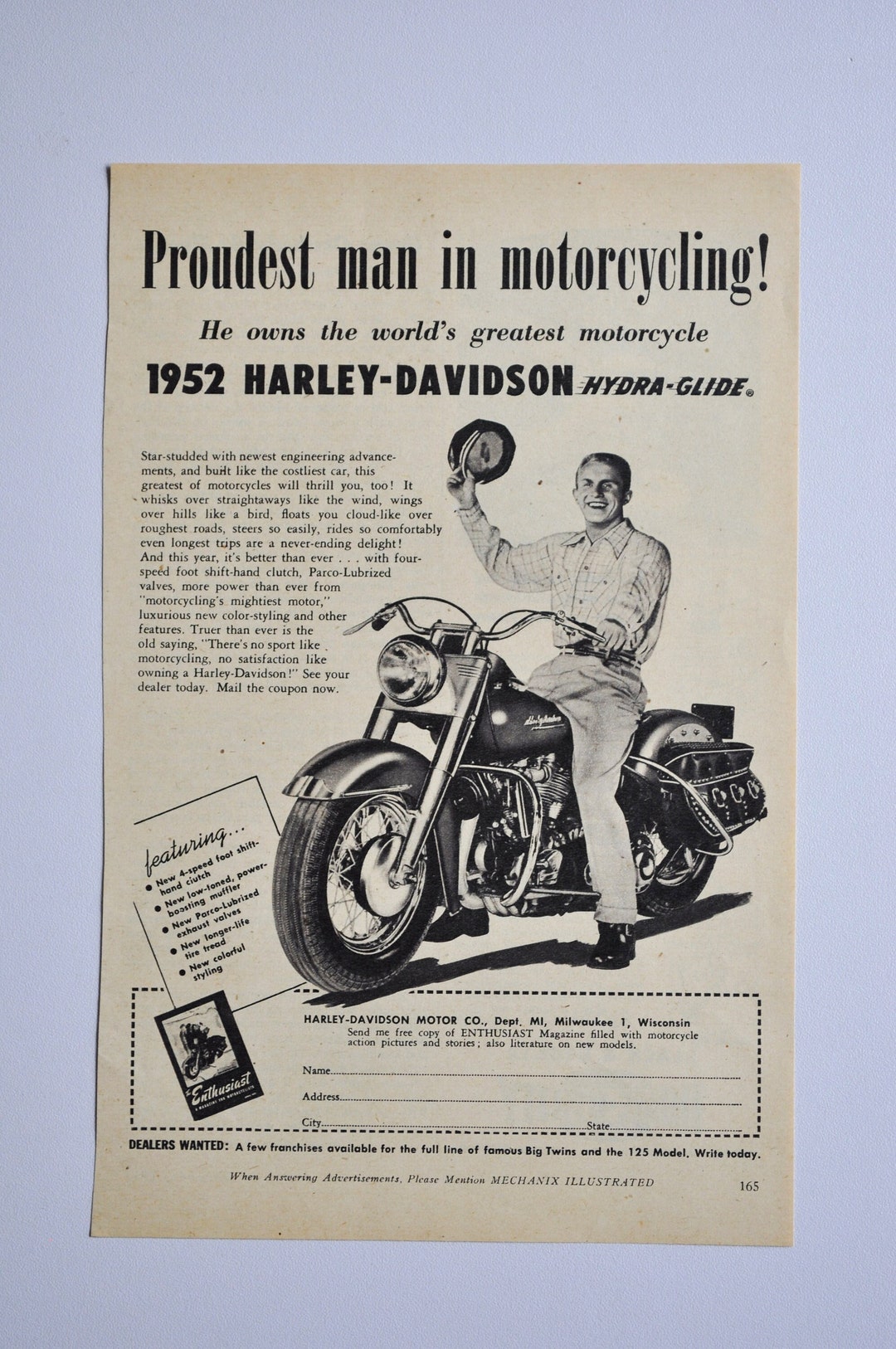 Motorcycle Ad 1952 Harley-davidson Hydra-glide (motorbike Company ...