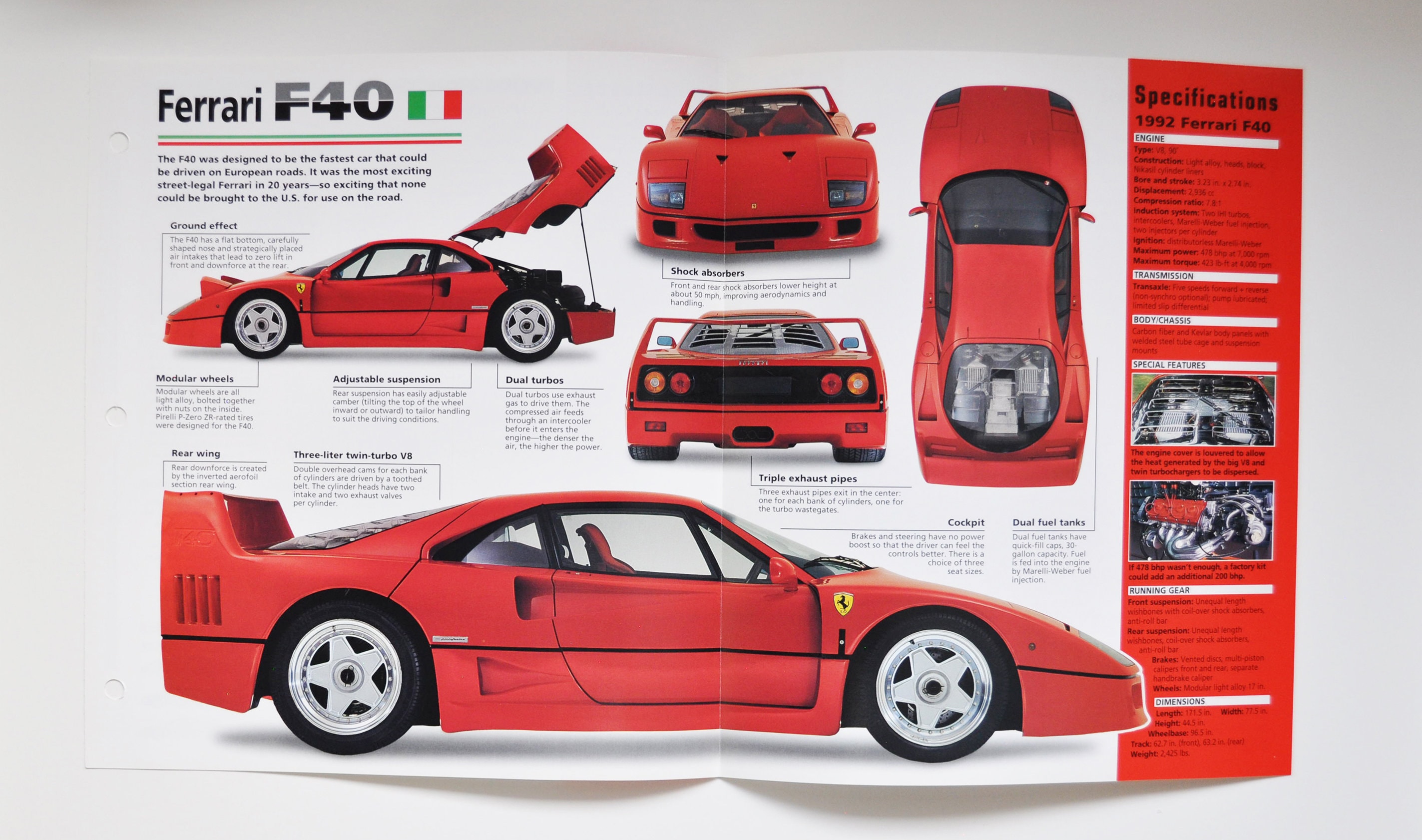 Spec Sheet Ferrari F40 1987-1992 car Photo Stat Info Specs Brochure ...