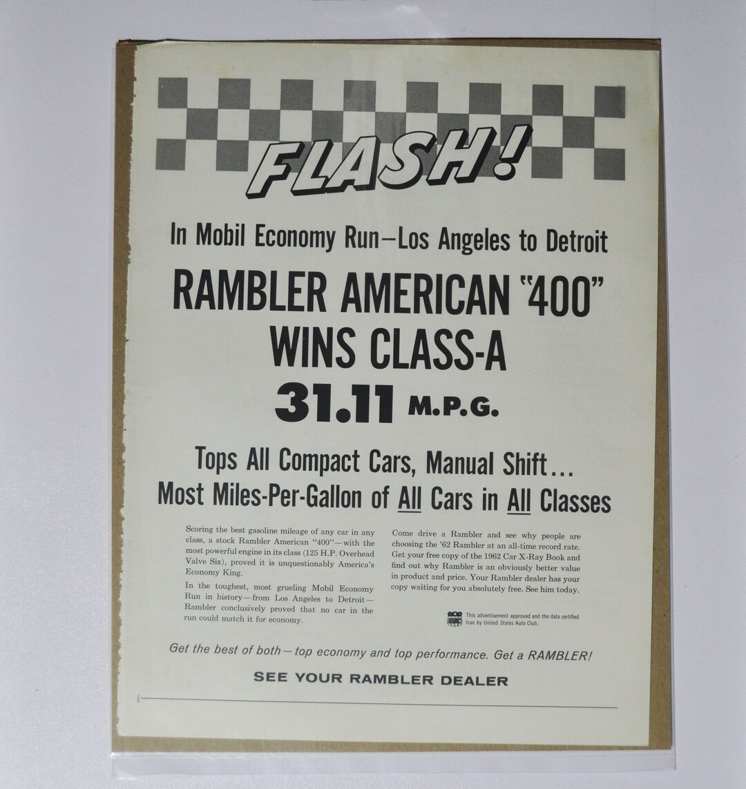 Large Car Ad 1962 AMC Rambler 400 Wins Class-a Mobil Economy Run ...