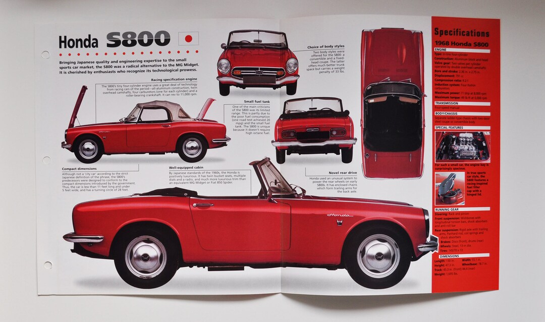 Spec Sheet Honda S800 (1966-1970) (car Photo Stat Info Specs Brochure Print Parts Ad Vintage ...