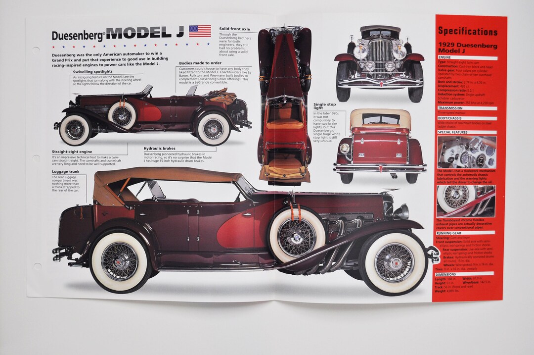 Spec Sheet Duesenberg Model J 1928-1937 car Photo Stat Info Specs ...