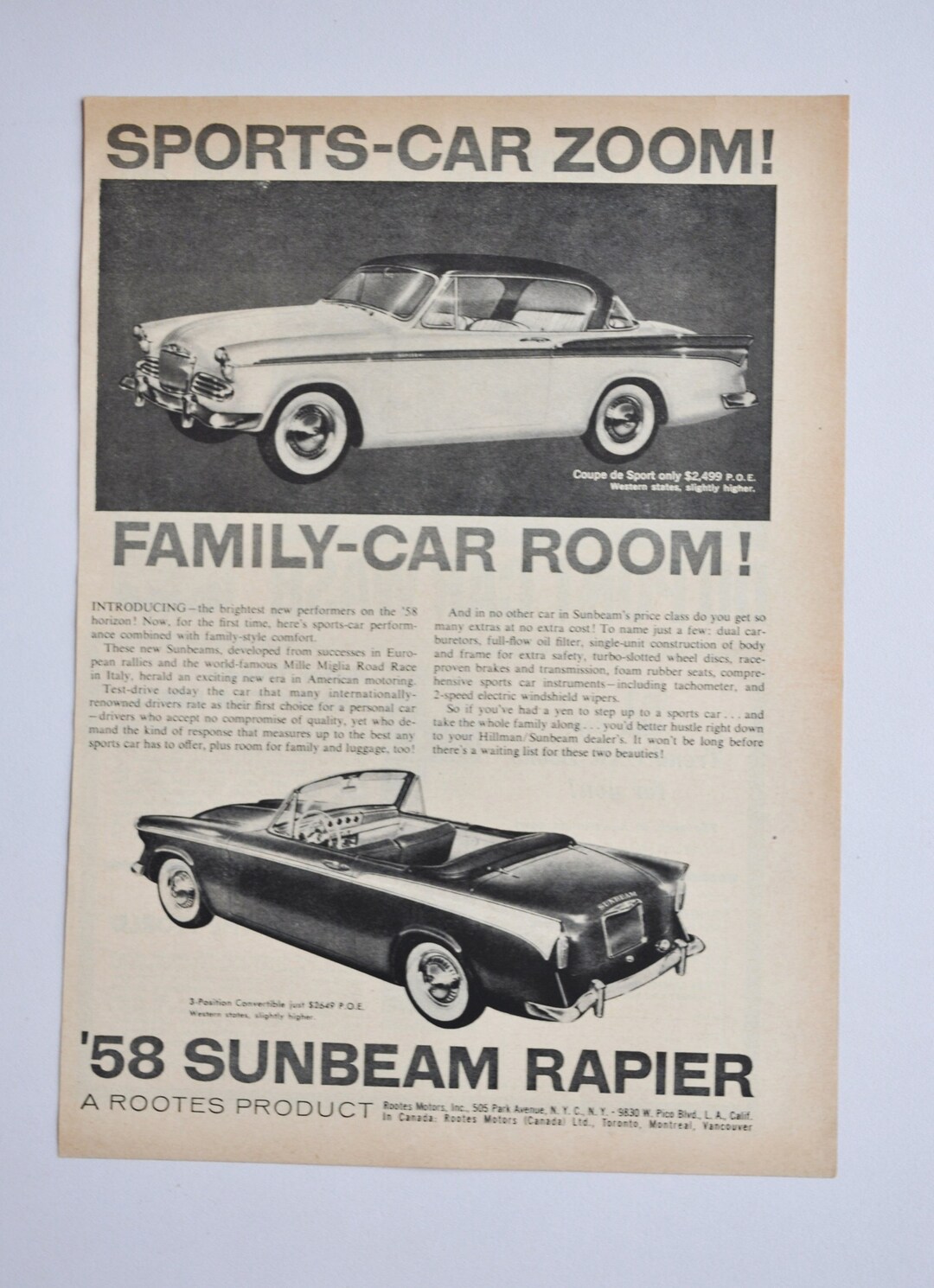 Car Ad 1958 Sunbeam Rapier (luxury Motorcar Classic Old Photo ...