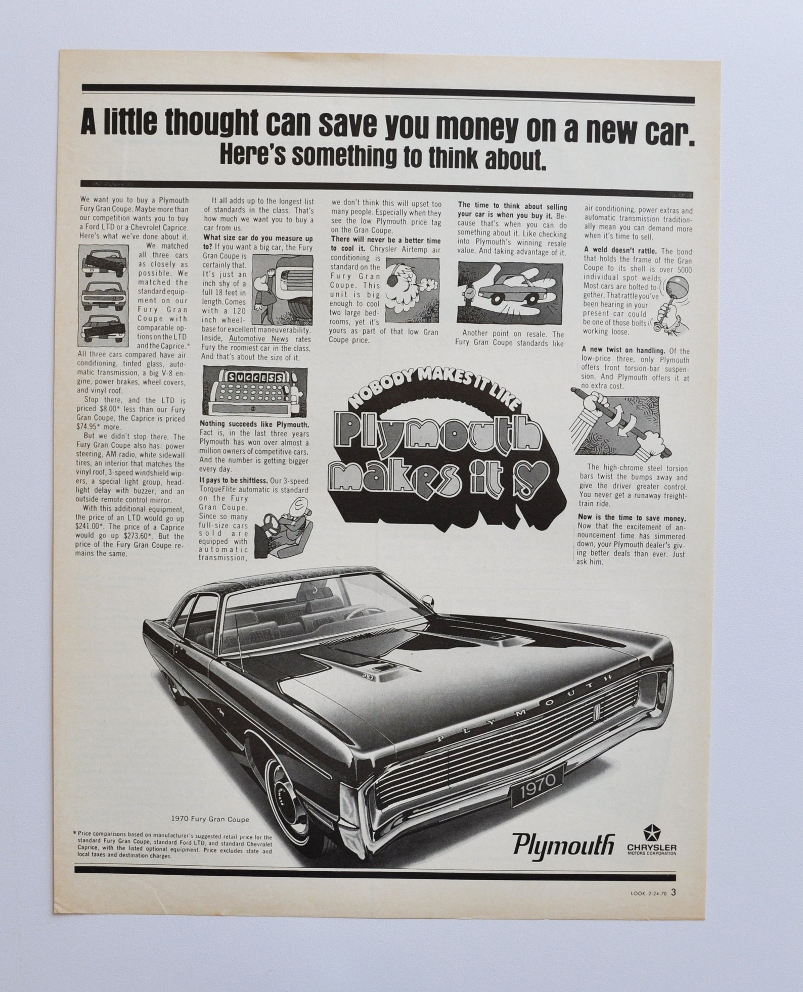 Large Car Ad 1970 Plymouth Fury (motor Company Chrysler Old Classic ...