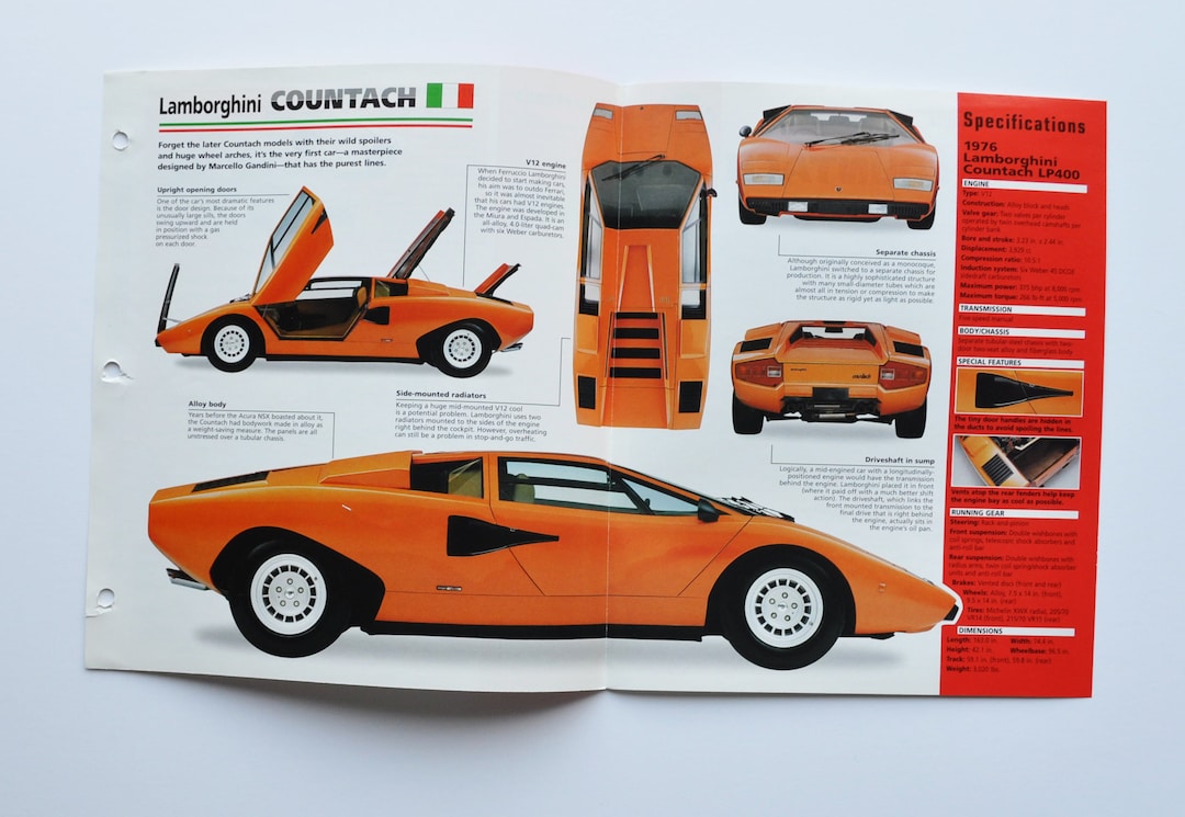 Spec Sheet Lamborghini Countach (1974-1978) (car Photo Stat Info Specs ...