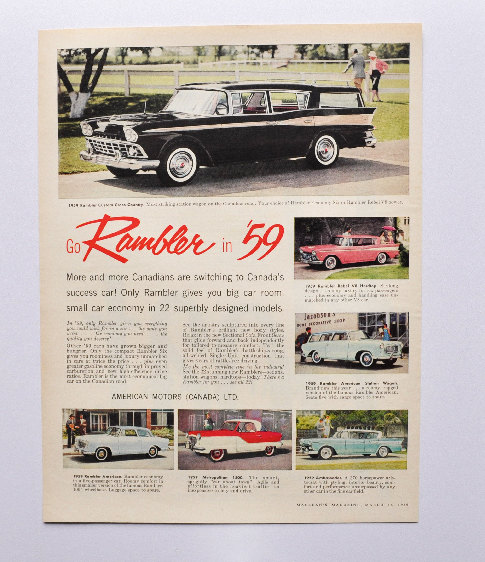 Large Car Ad 1959 Rambler american Motors Classic Old Photo | Etsy