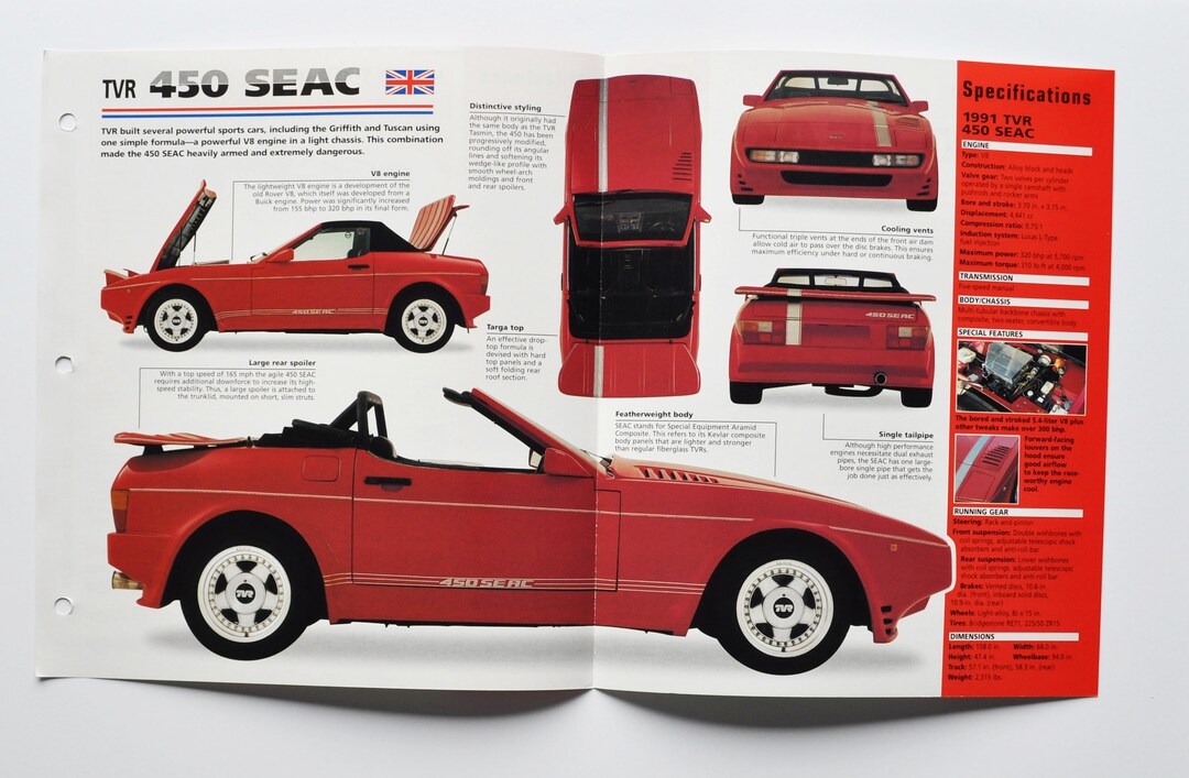 Spec Sheet TVR 450 SEAC (1988-1991) (car Photo Stat Info Specs Brochure ...