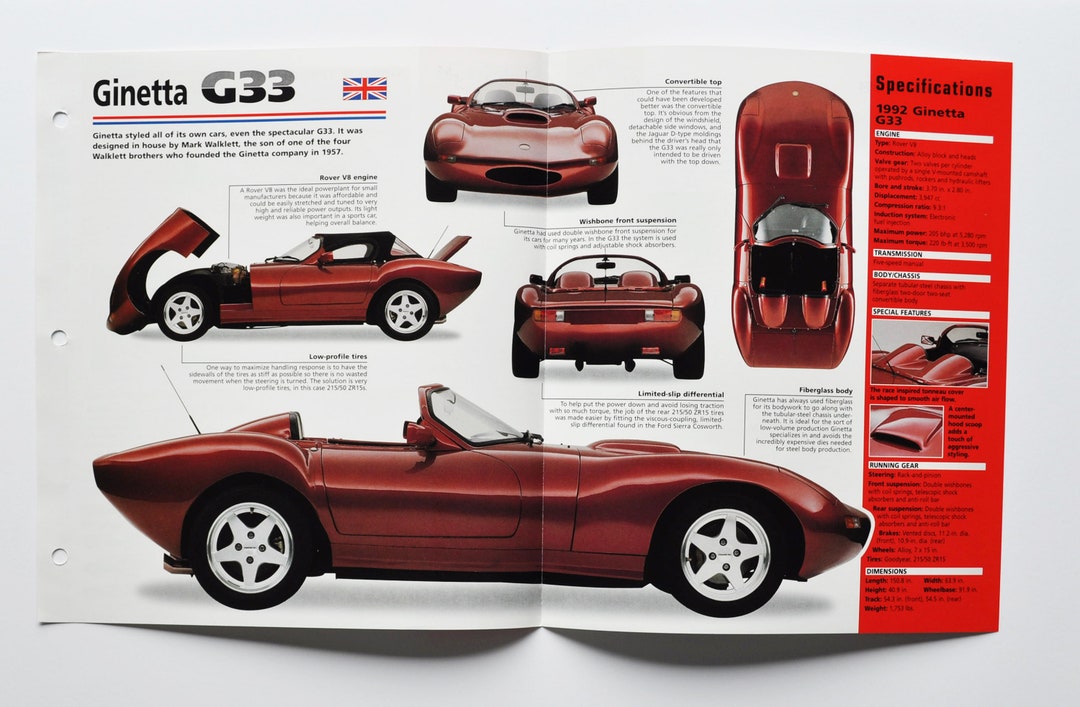Spec Sheet Ginetta G33 (1990-1994) (car Photo Stat Info Specs Brochure ...