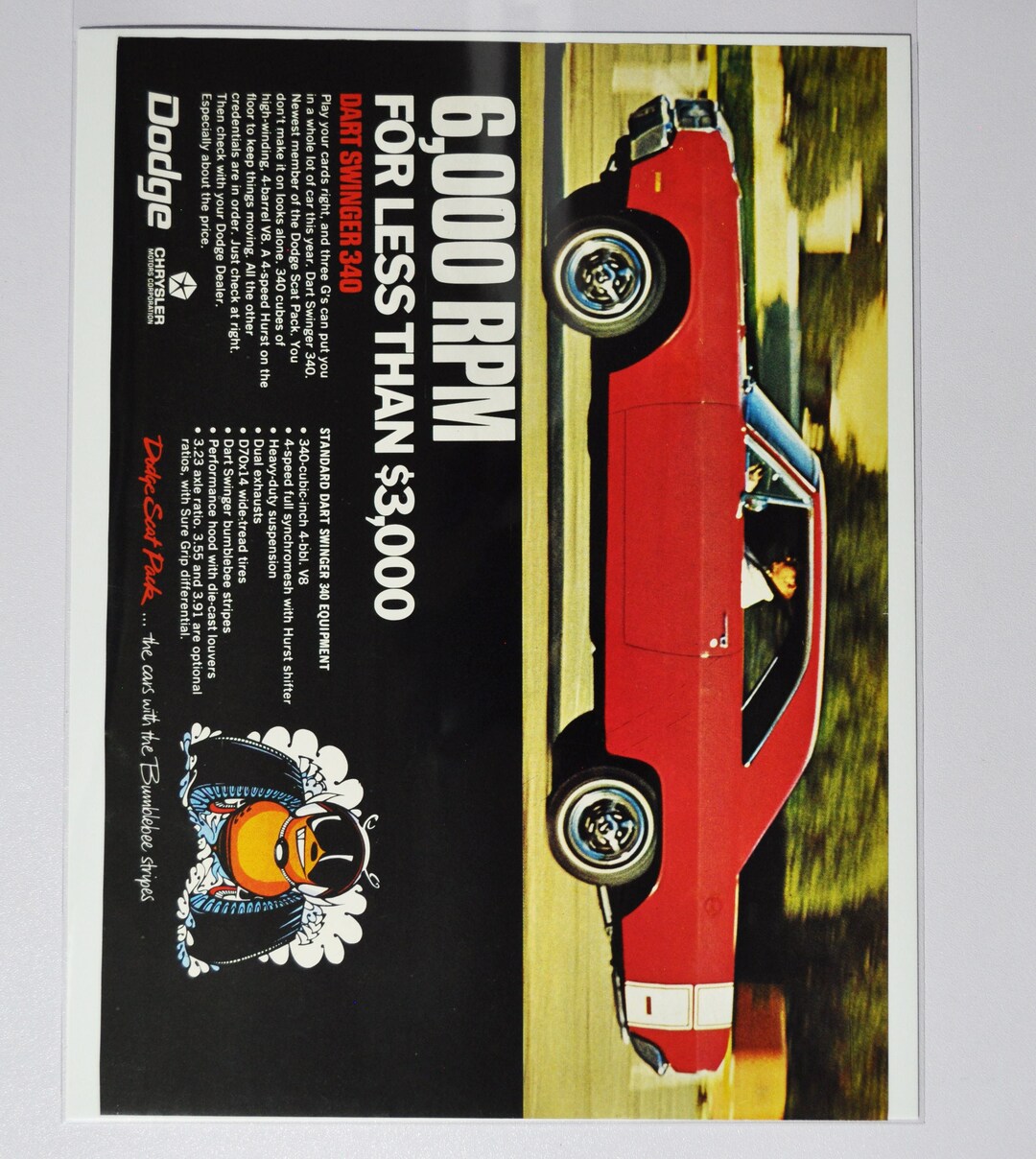 Car Ad Dodge Dart Swinger 340 motor Company Classic Old Photo - Etsy