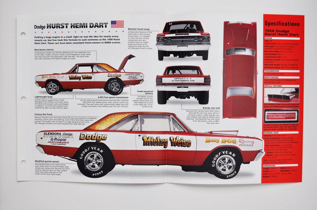 Spec Sheet Dodge Hurst Hemi Dart (1968) (car Photo Stat Info Specs ...